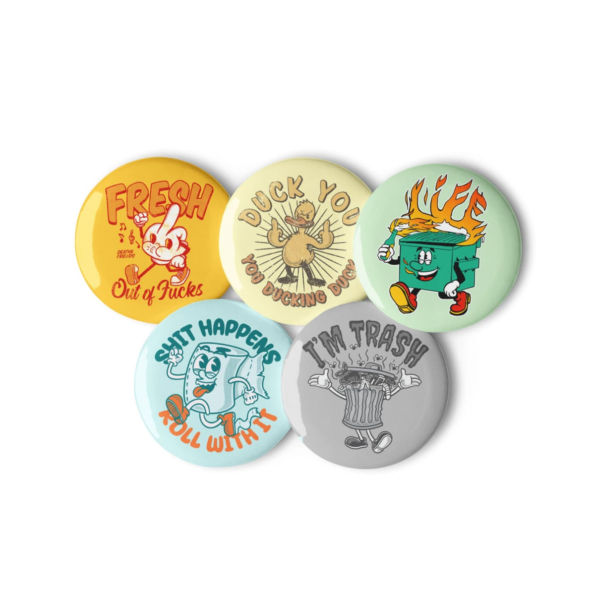 Set of 5 pin buttons - Rude Character Mascots Underground – Death & Friends